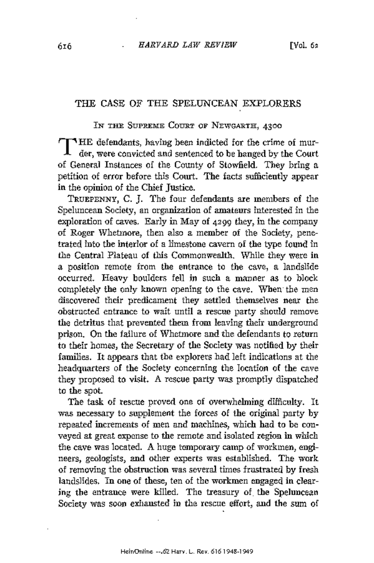 HARVARD LAW REVIEW 62: The Case of the Speluncean Explorers Analysis ...