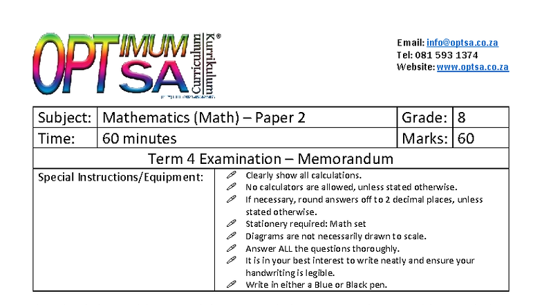 Grade 8 Math P2 T4 Examination Memorandum and Solutions - Studocu