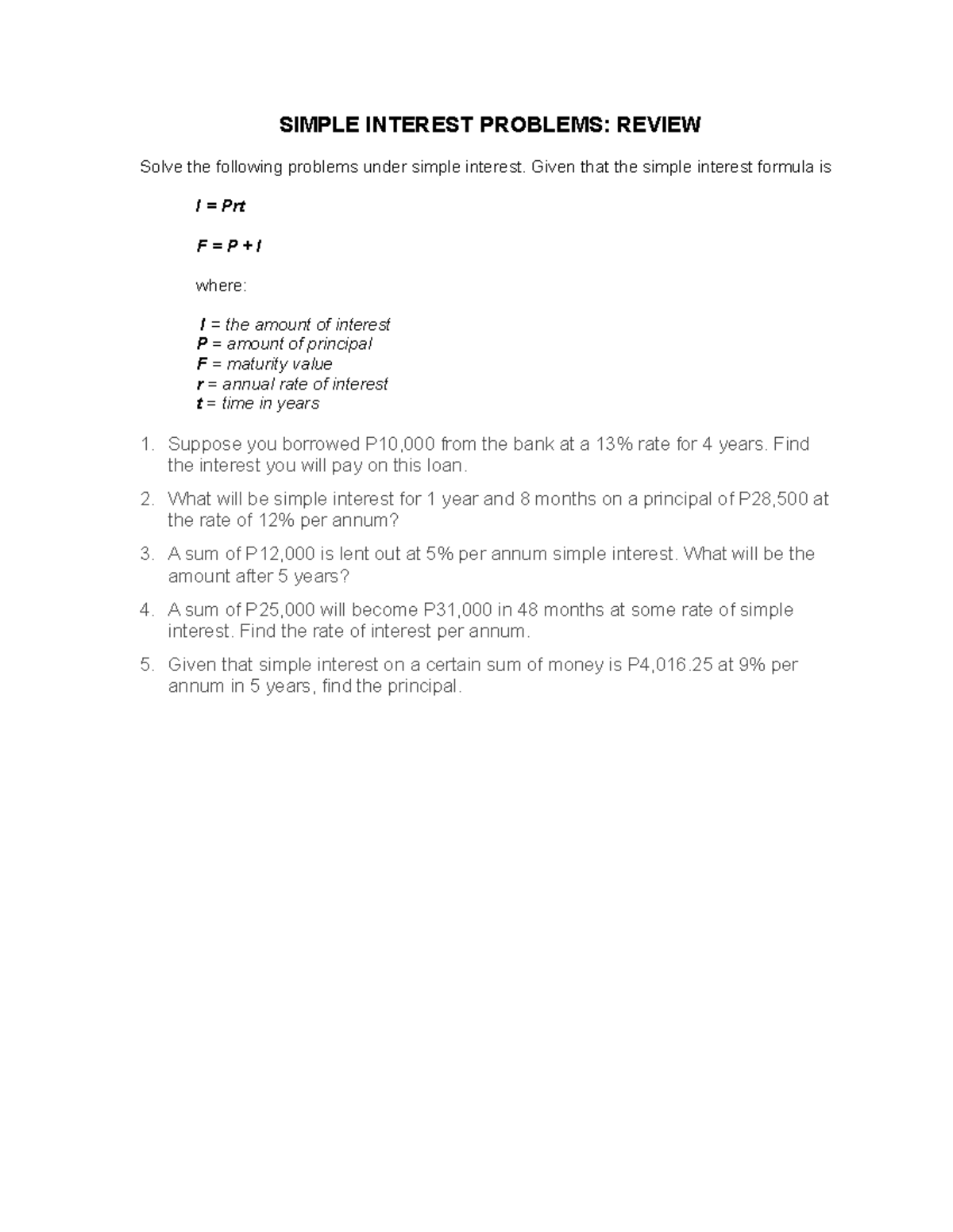 SIMPLE INTEREST PROBLEMS: REVIEW & SOLUTIONS - Studocu