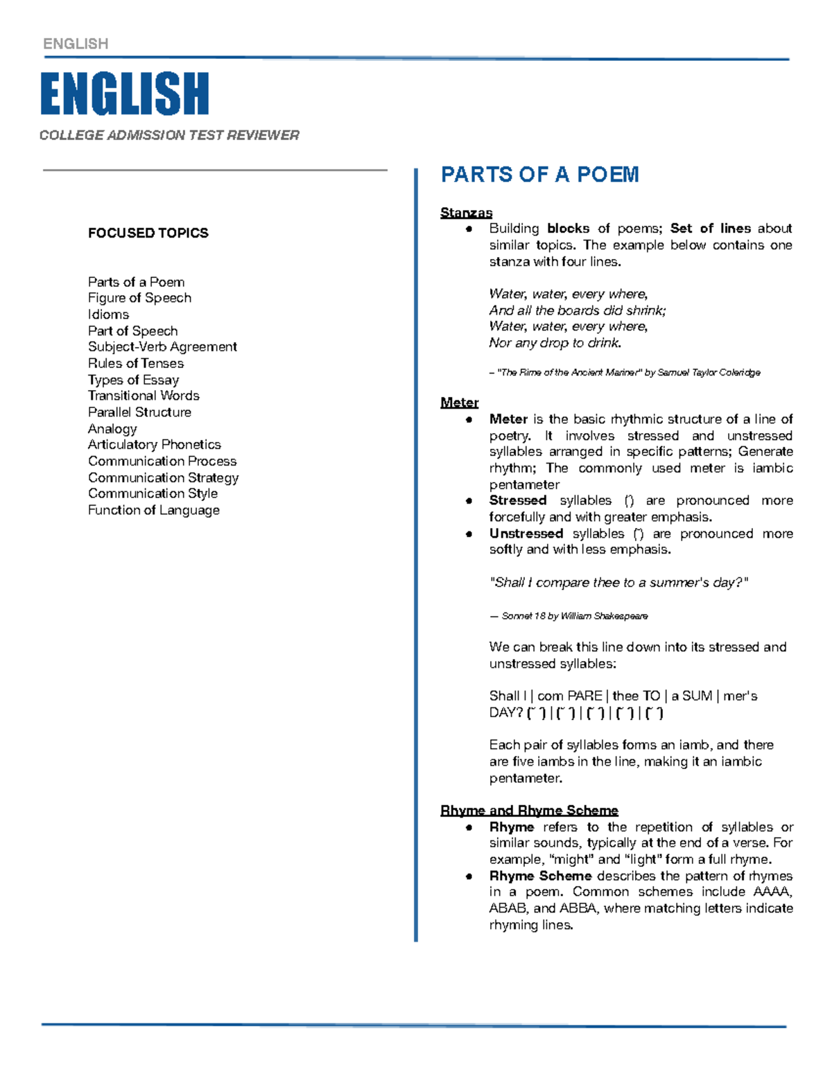 English CETS Reviewer: Key Topics in Poetry and Communication - Studocu