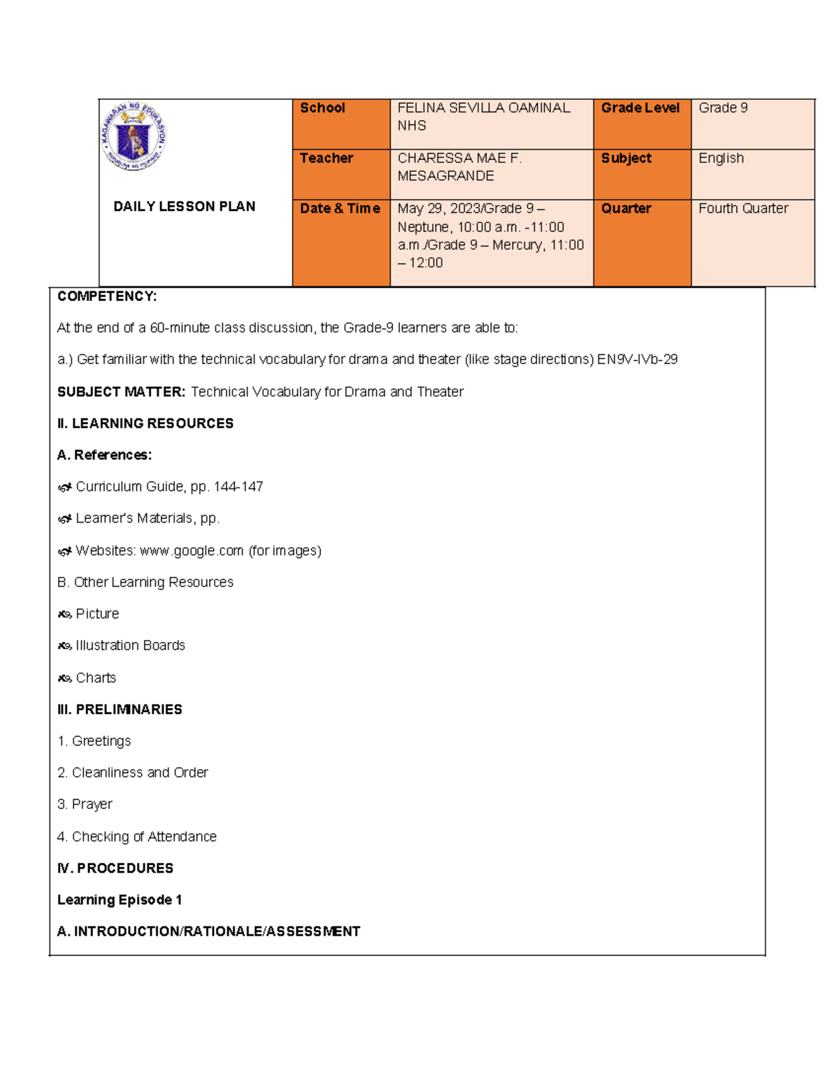 Grade 9 English Lesson on Theater Terminology & Stage Directions - Studocu
