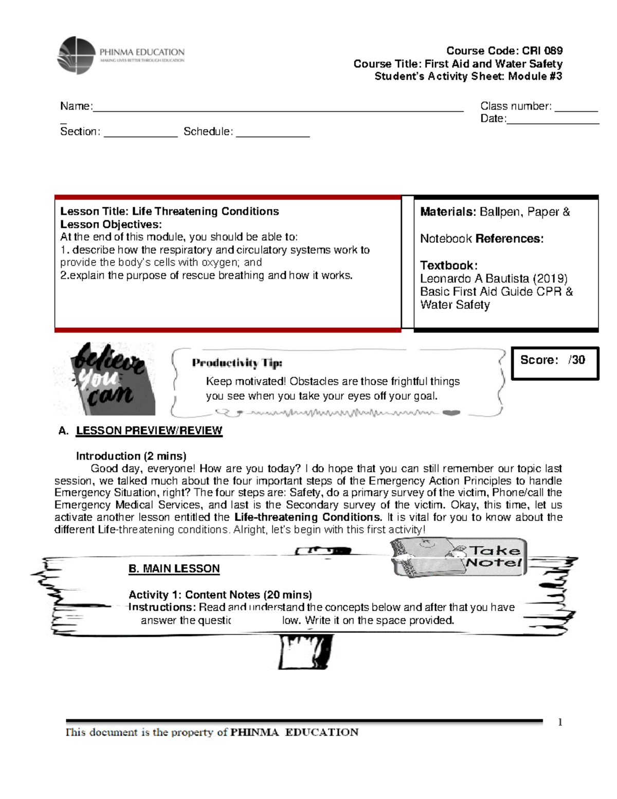 SAS 4 CRI 089 - Life-Threatening Conditions in First Aid Module - Studocu