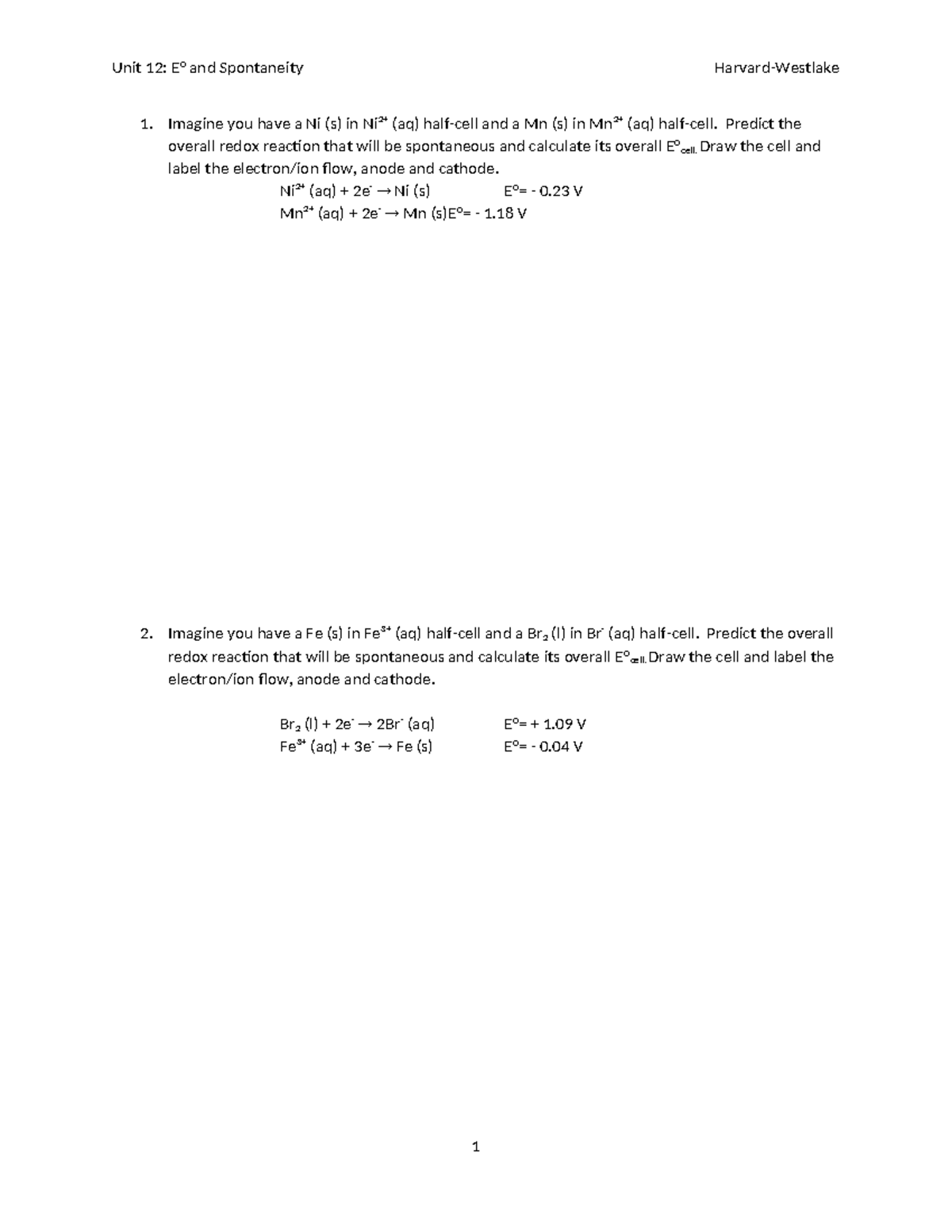 Unit 12: E and Spontaneity Problems in Redox Reactions - Studocu