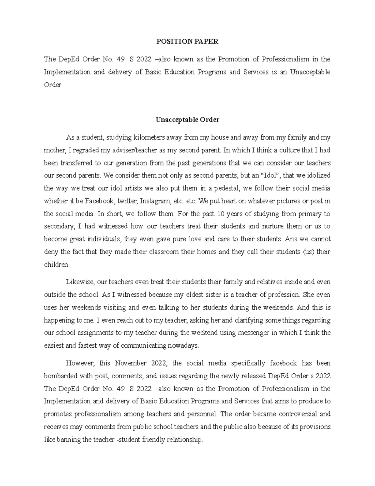 Position Paper on DepEd Order No. 49, S 2022: A Student's Viewpoint ...