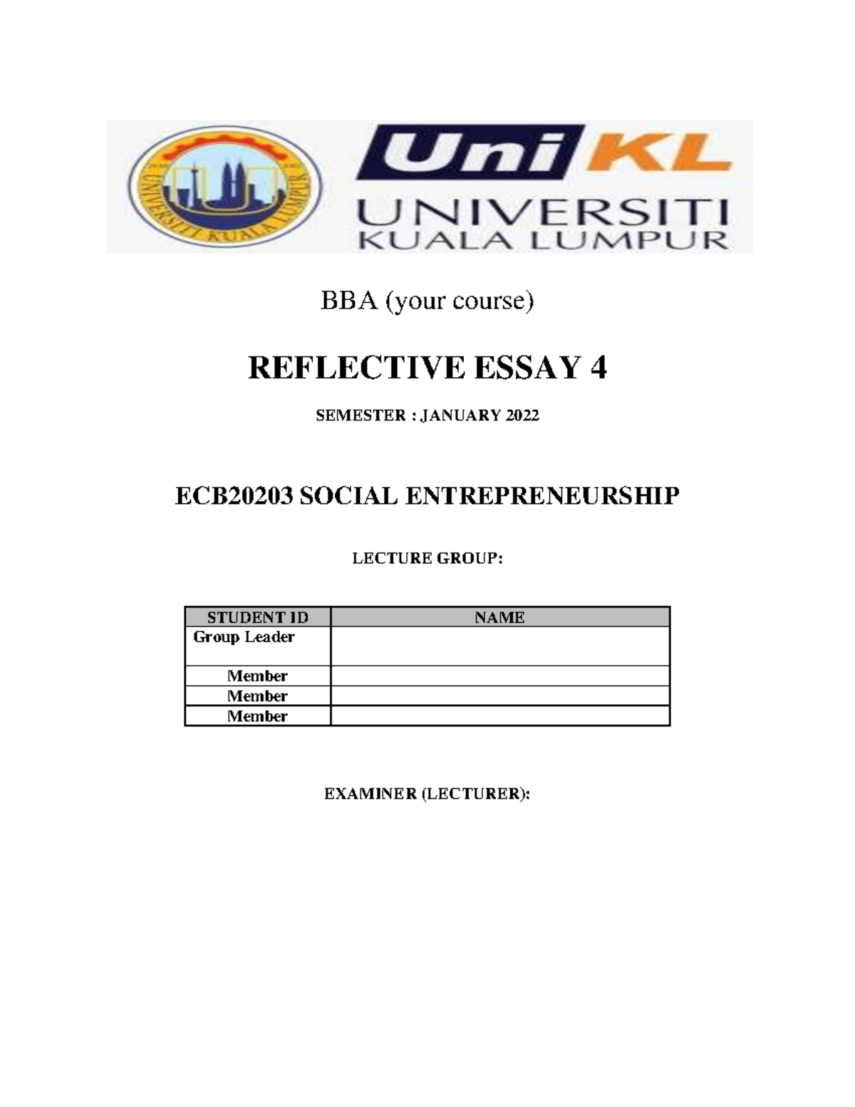 ECB20203 Social Entrepreneurship Reflective Essay 4 Guide - Studocu