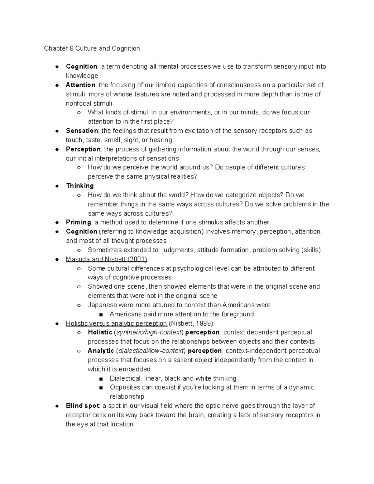 Lecture Notes 6 - Chapter 8 Culture and Cognition - Chapter 8 Culture ...