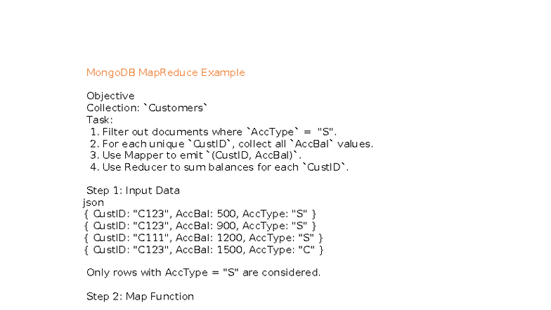 MongoDB MapReduce Example: Filtering and Summing Balances - Studocu