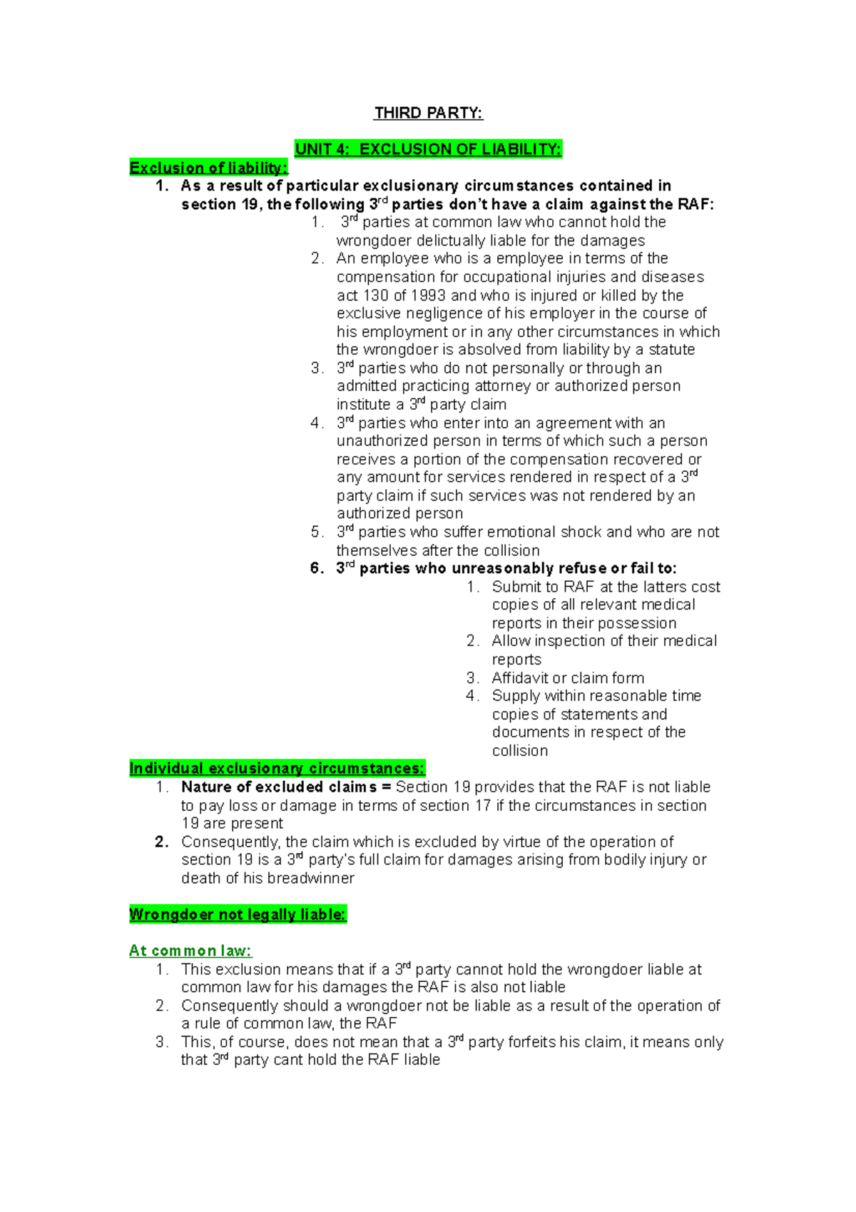 4 - Lecture notes 4 - THIRD PARTY: UNIT 4: EXCLUSION OF LIABILITY ...