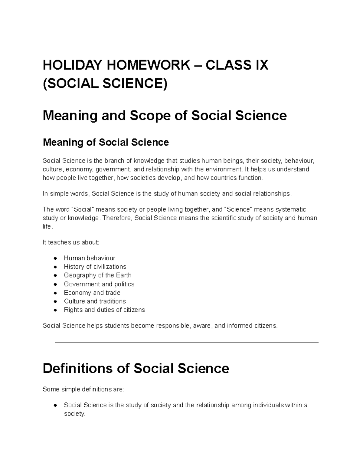 CLASS IX SOCIAL SCIENCE HOLIDAY HOMEWORK: MEANING & SCOPE - Studocu