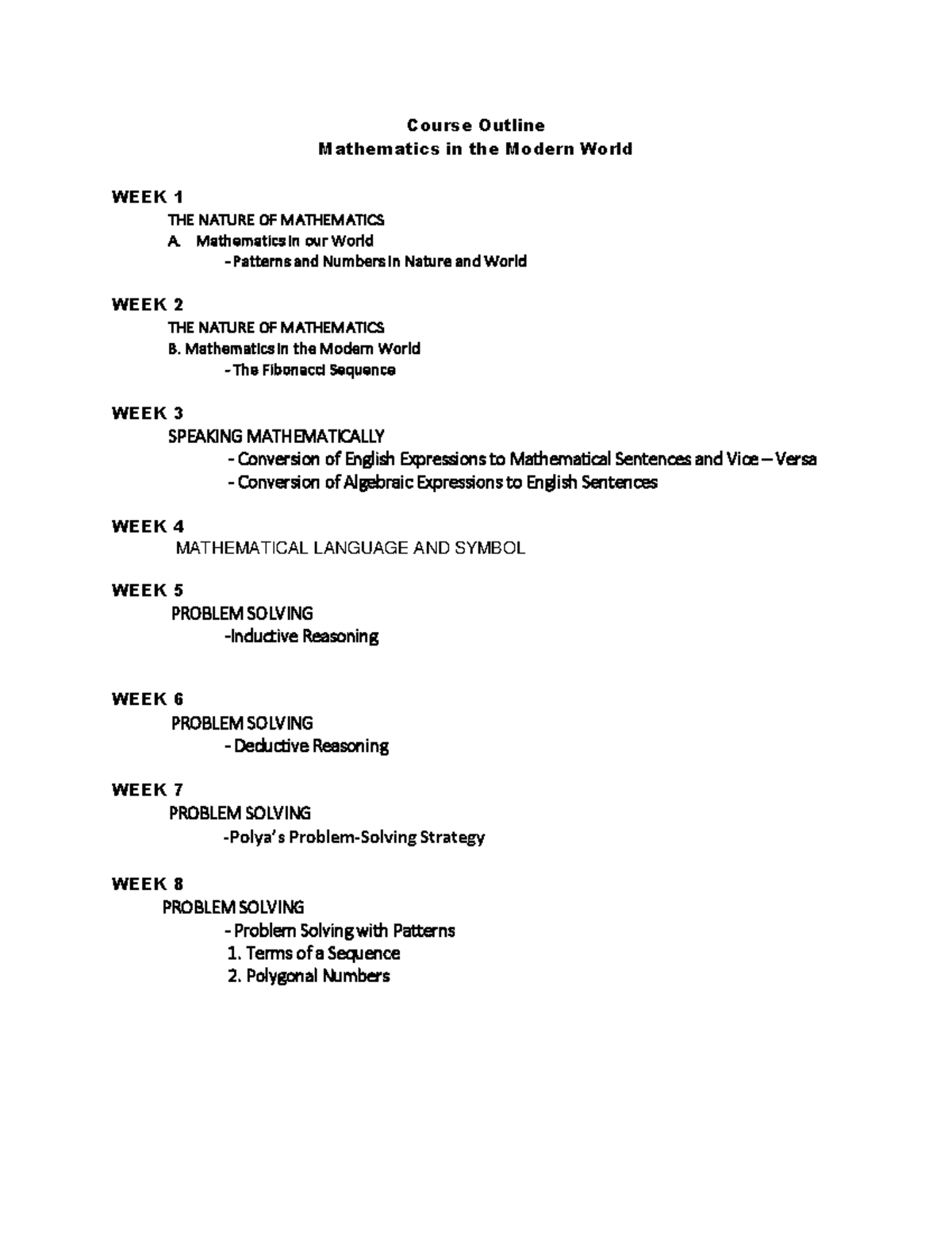 Mathematics in the Modern World (MATH 101) - Course Outline Overview ...