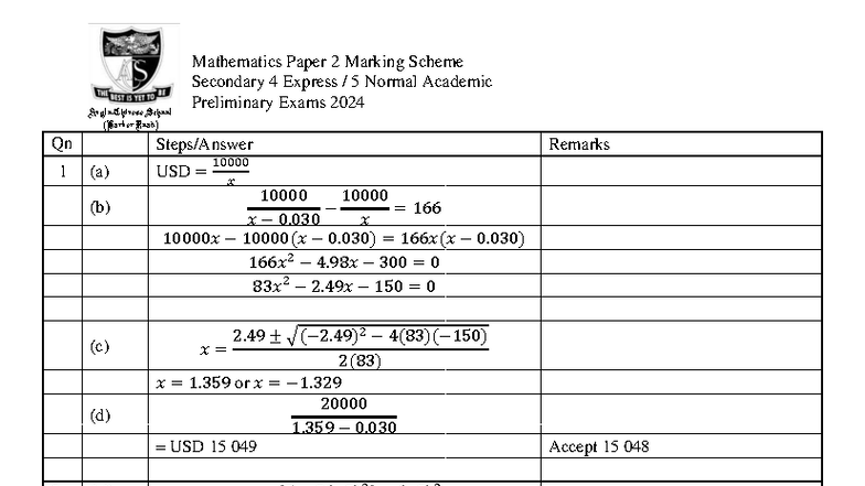 Mathematics Paper 2 Marking Scheme Secondary 4 Express 5 Normal ...