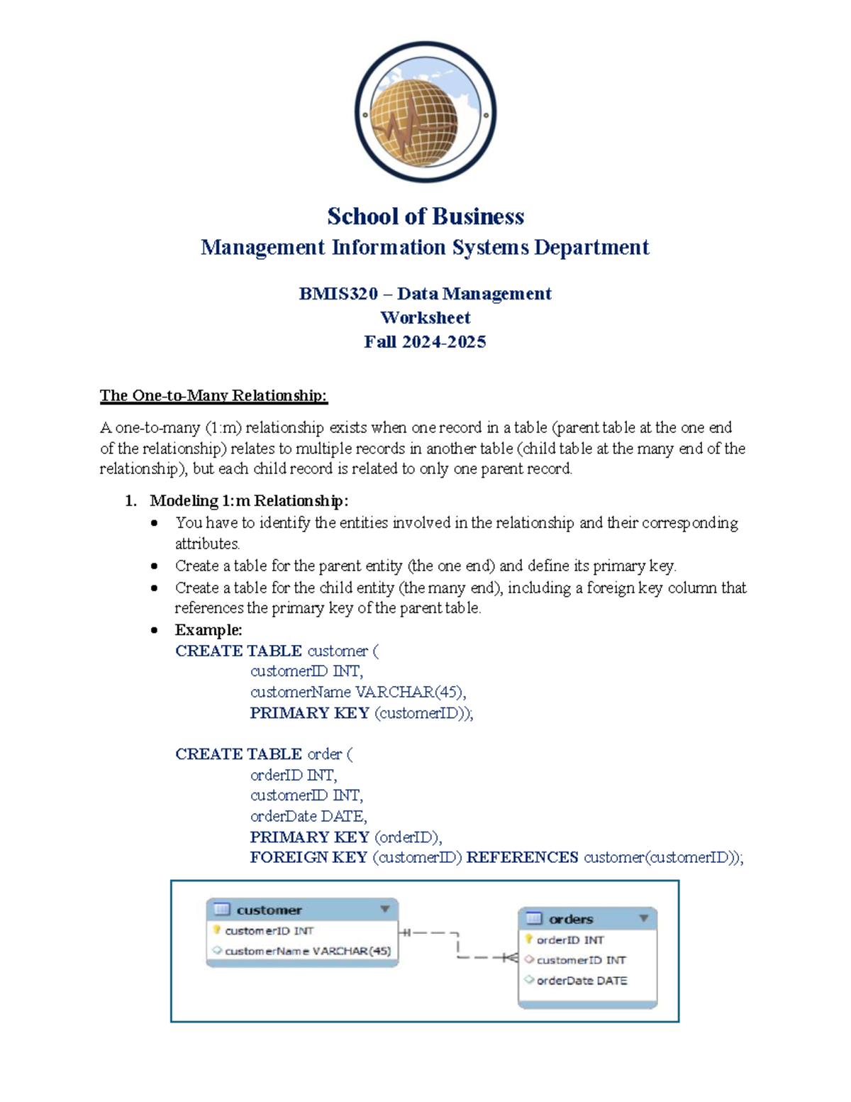 BMIS320 Data Management Worksheet: Understanding Relationships in SQL ...