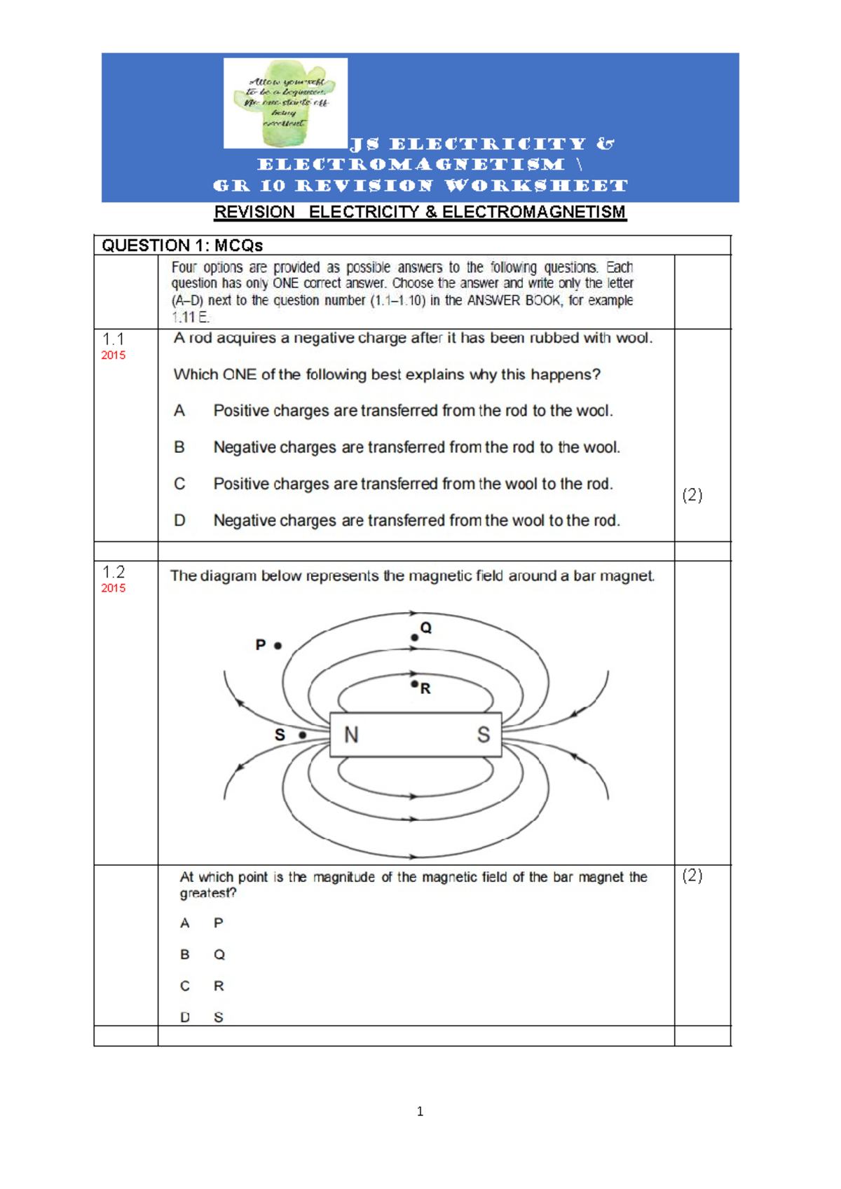 Gr 10 Electromagnetism Revision Worksheet: Key Concepts & MCQs - Studocu
