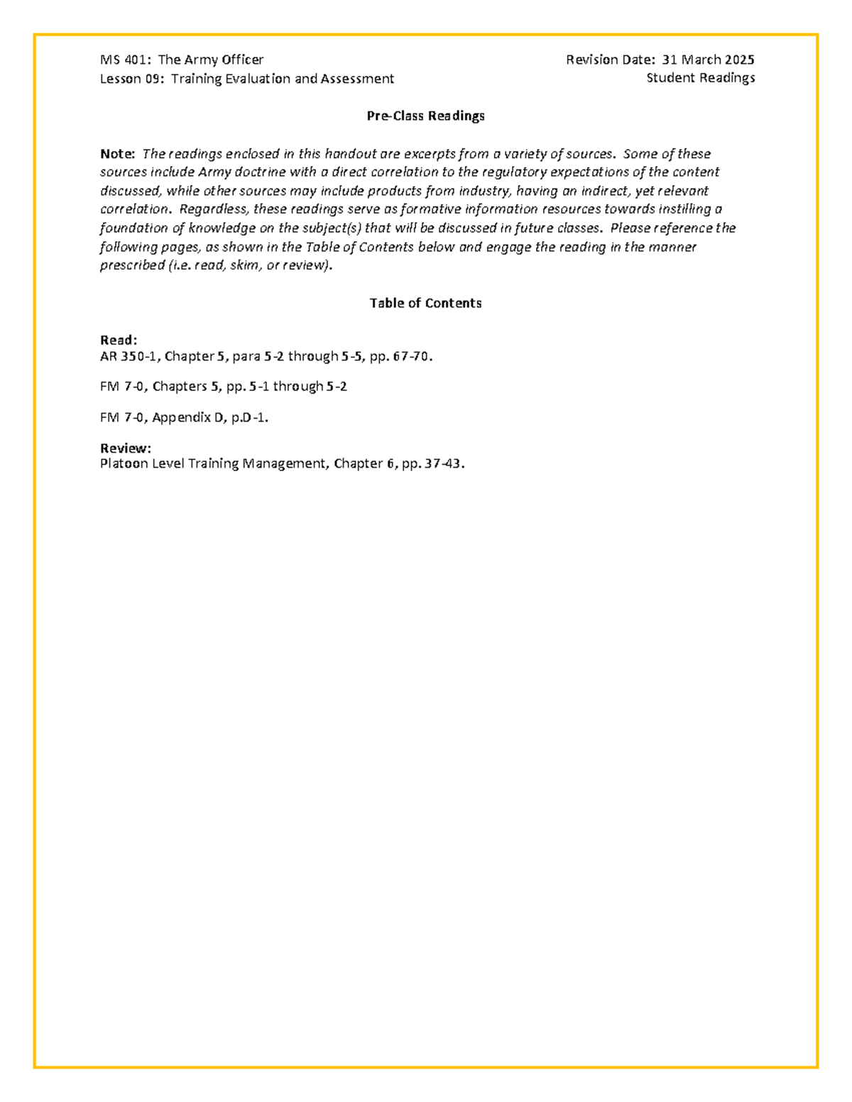 MS 401: The Army Officer Lesson 09 - Training Evaluation & Assessment ...