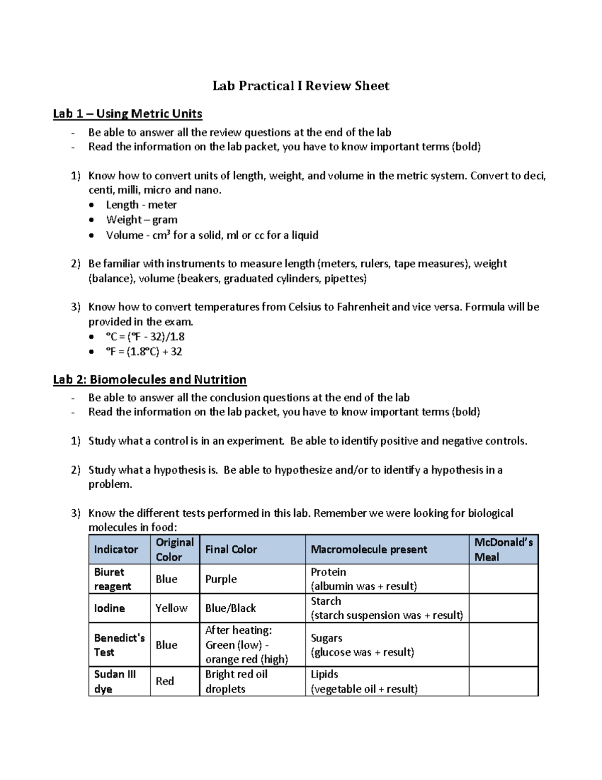 Lab Practical I Review: Metric Units, Biomolecules & Enzymes - Studocu