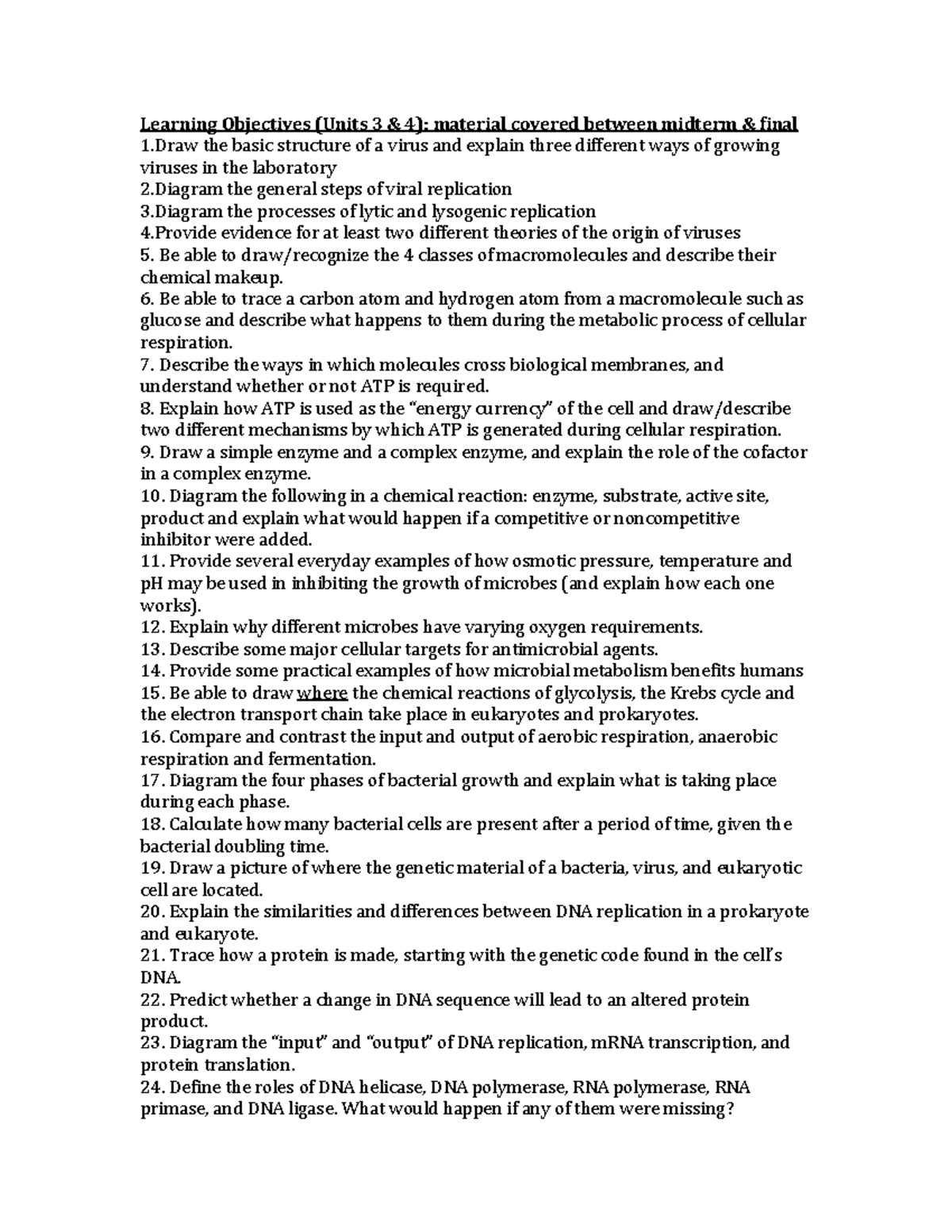 Learning Objectives for Bio 101: Units 3 & 4 Review (Midterm-Final ...