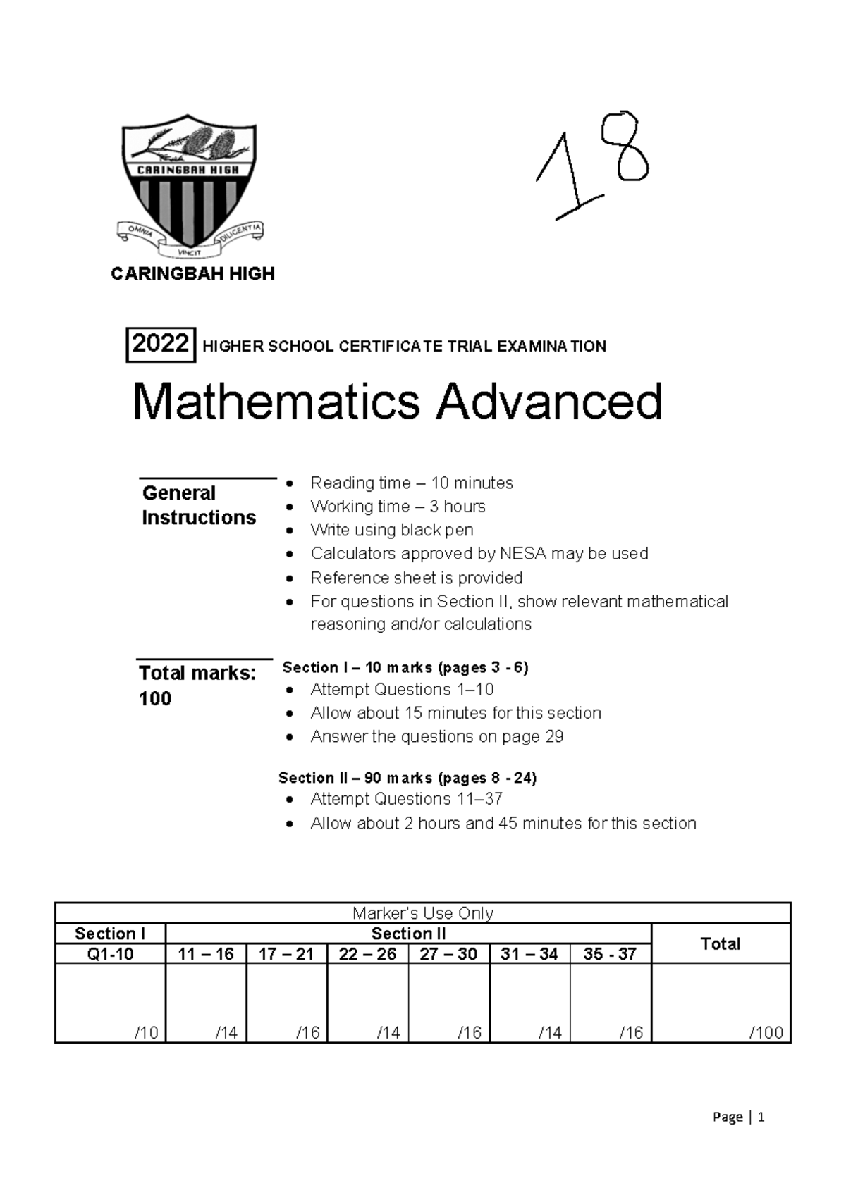 Caringbah High 2022 HSC Trial Exam: Mathematics Advanced - Studocu