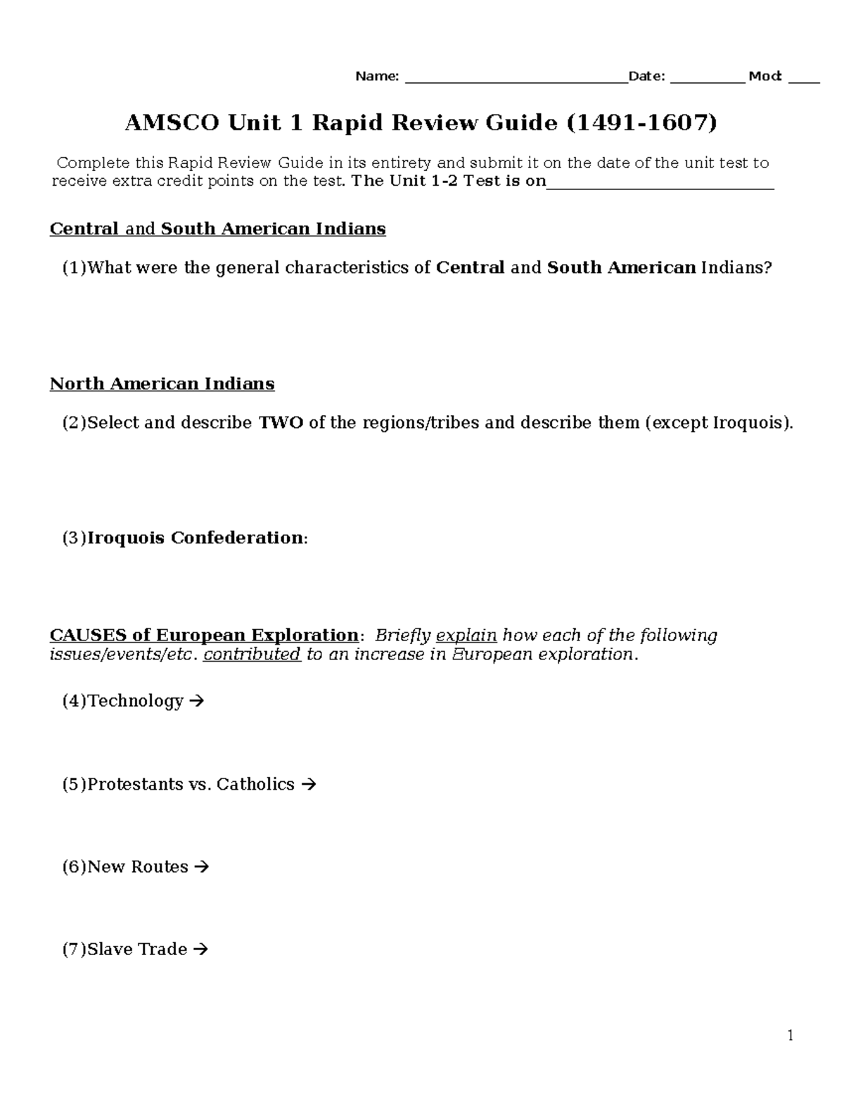 AMSCO Unit 1-2 Rapid Review Guide for Central & South American Indians ...