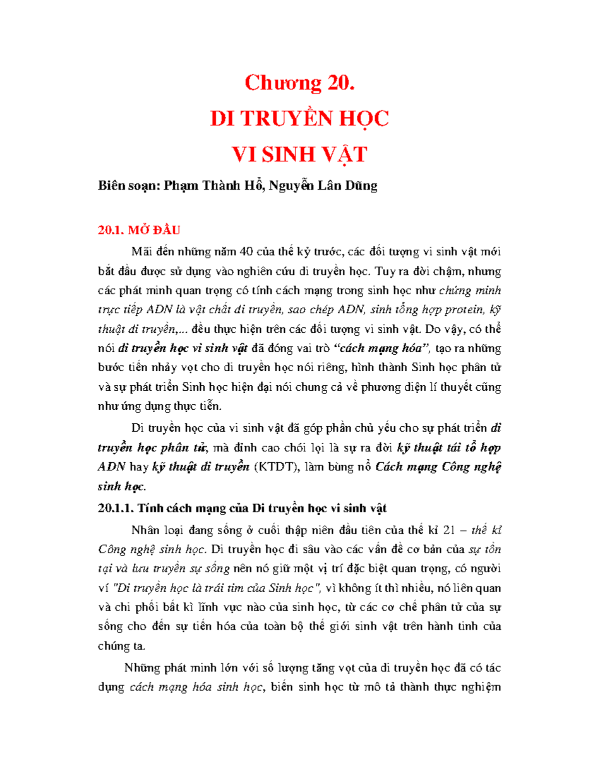 Di truyền vi sinh vật - Ch ng 20. DI TRUY N H C VI SINH V T Biên so n: Ph m Thành H , Nguy n Lân ...