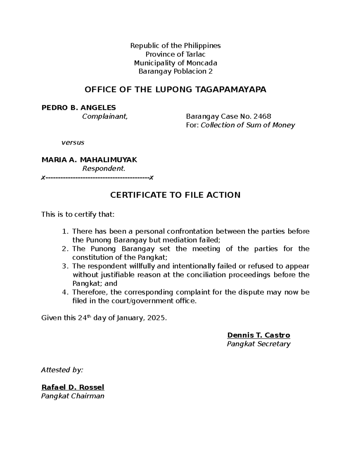 Certificate to File Action - Republic of the Philippines Province of ...