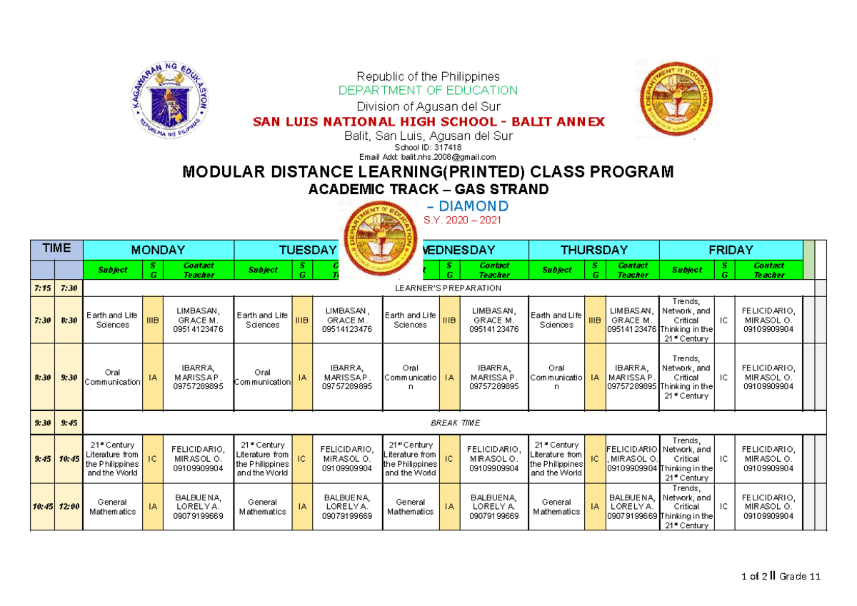 Grade 11 GAS Strand First Sem. Modular Program 2020-2021 - Studocu