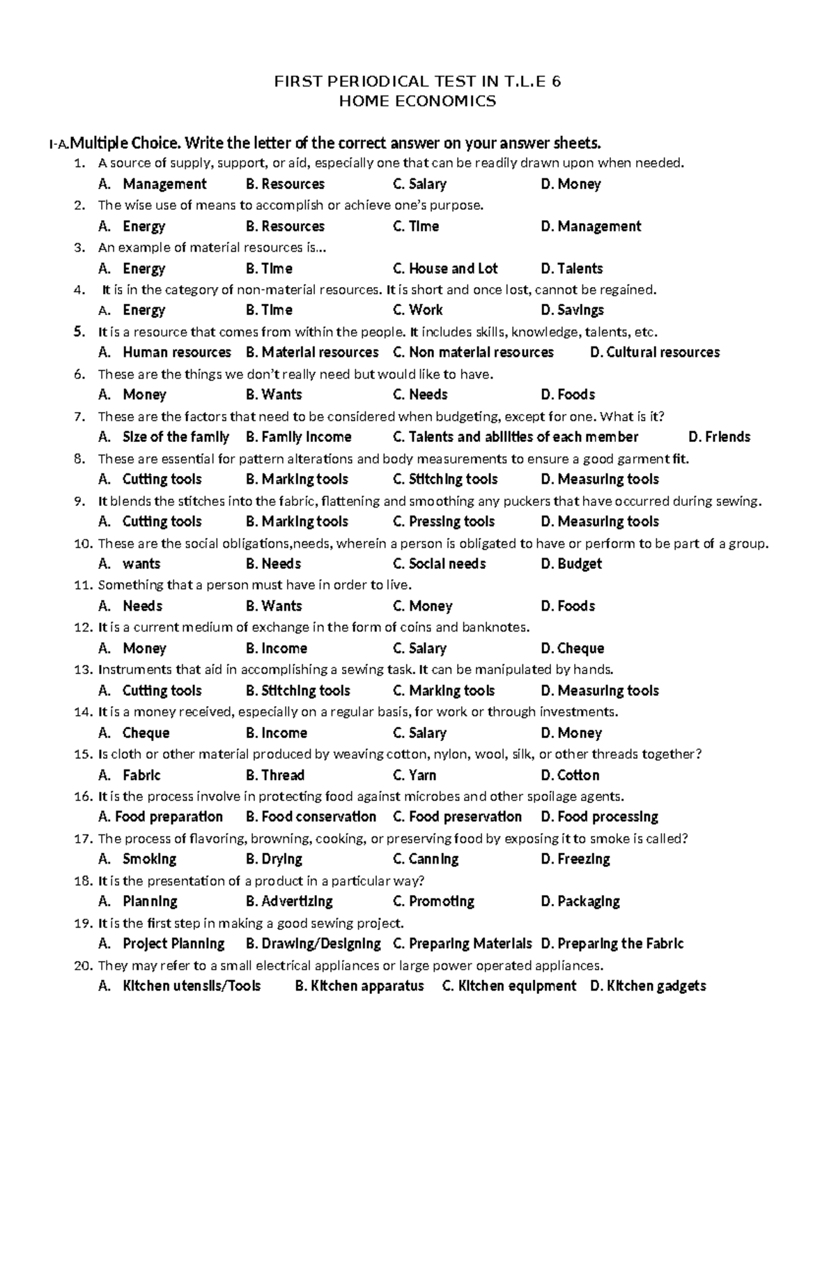 First Periodical Test T.L.E. 6 Home Economics with Answer Key - Studocu