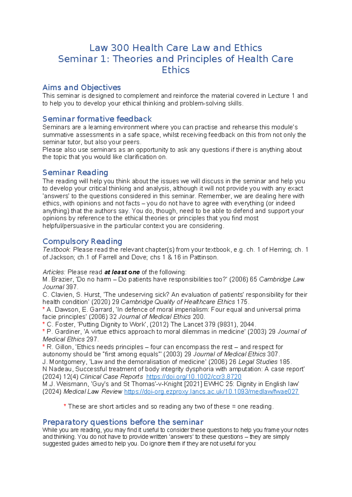 Law 300 Seminar 1: Theories & Principles of Health Care Ethics - Studocu