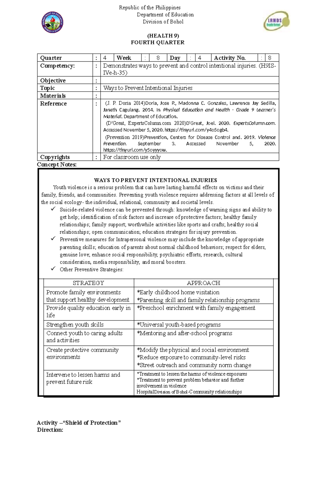 Health 9 Module 8 - Concept Notes on Preventing Intentional Injuries ...