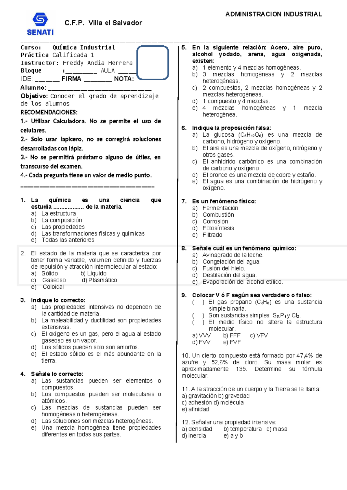 Examen de Química Industrial - Práctica Calificada 1 - C.F.P. Villa el ...