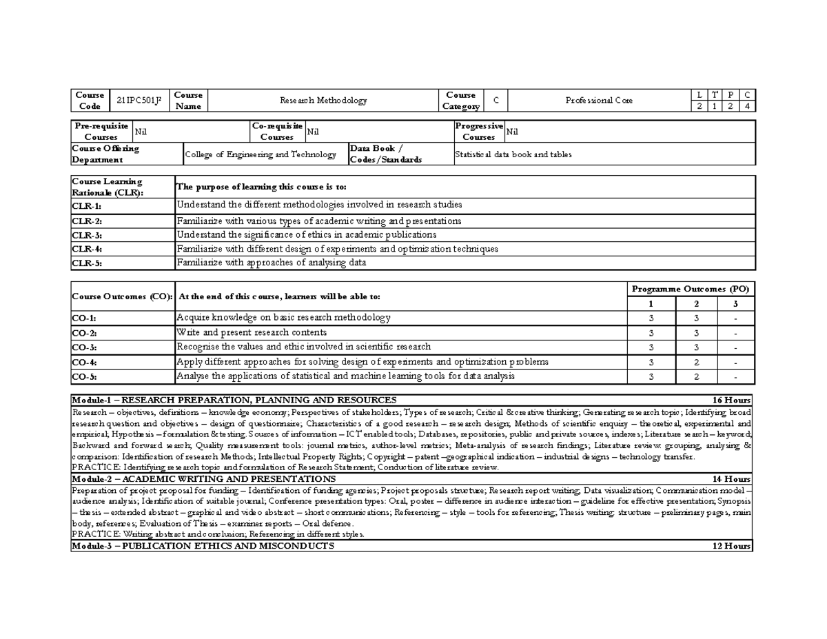 21IPC501J2 Research Methodology Syllabus and Course Overview - Studocu