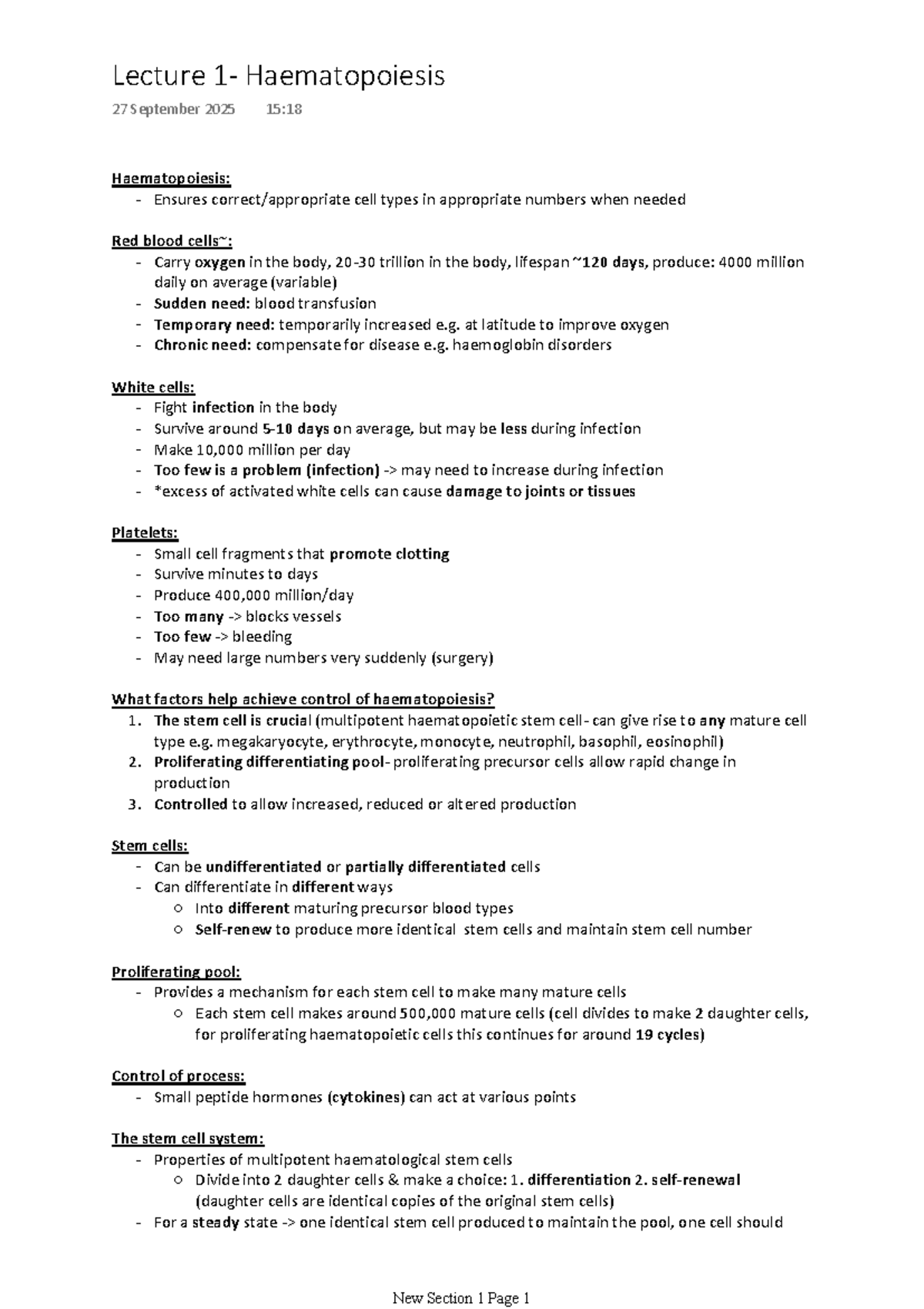 Lecture 1: Haematopoiesis Overview and Control Mechanisms - Studocu