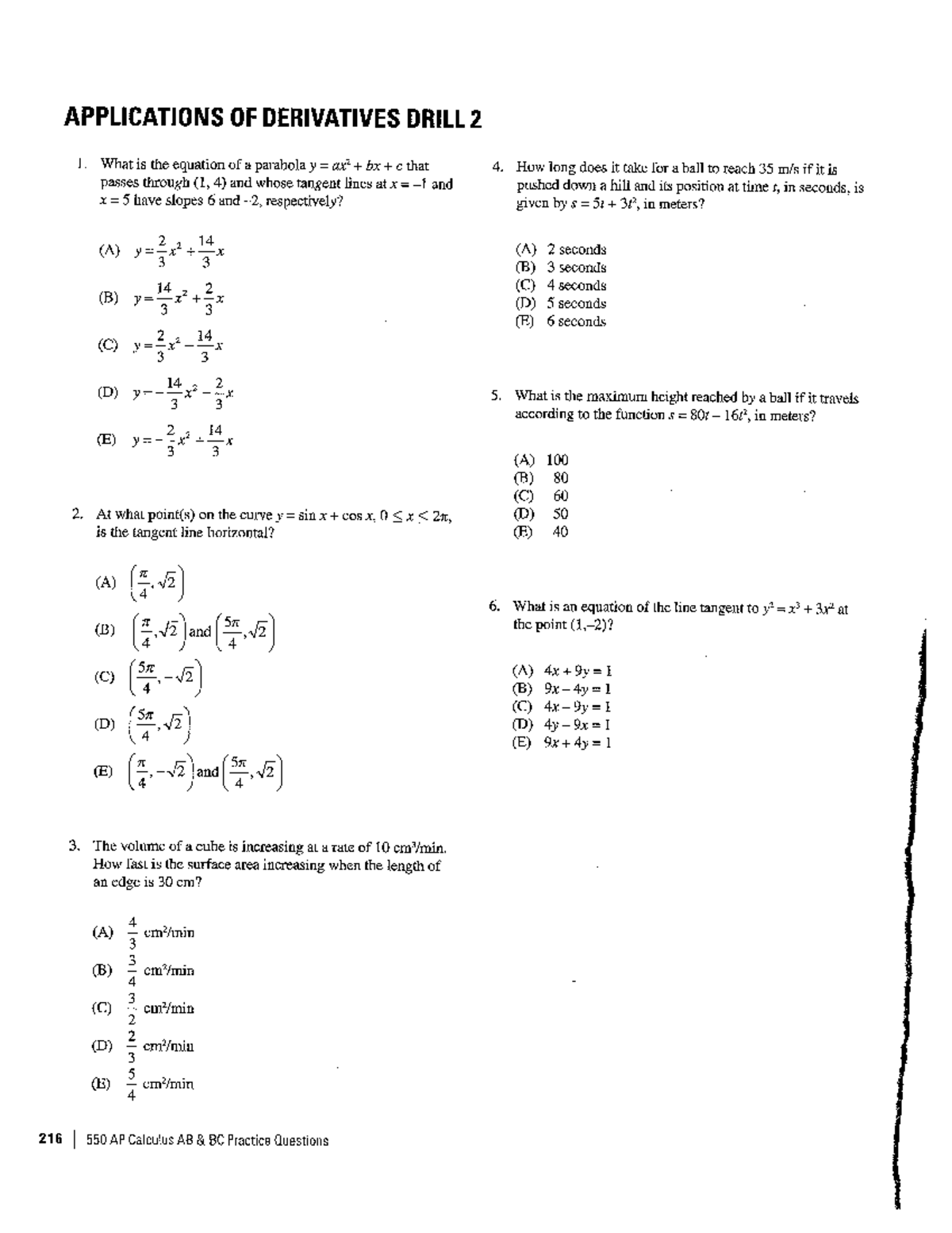 Applications of Derivatives Drill 2 - AP Calculus AB/BC - Studocu