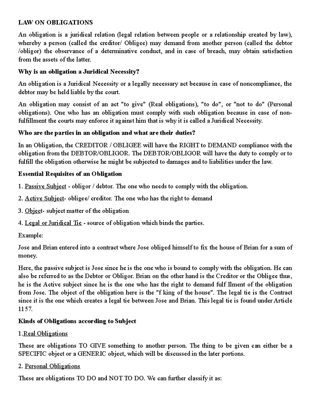 LAW ON OBLIGATIONS: Key Concepts and Legal Framework in Obligations ...