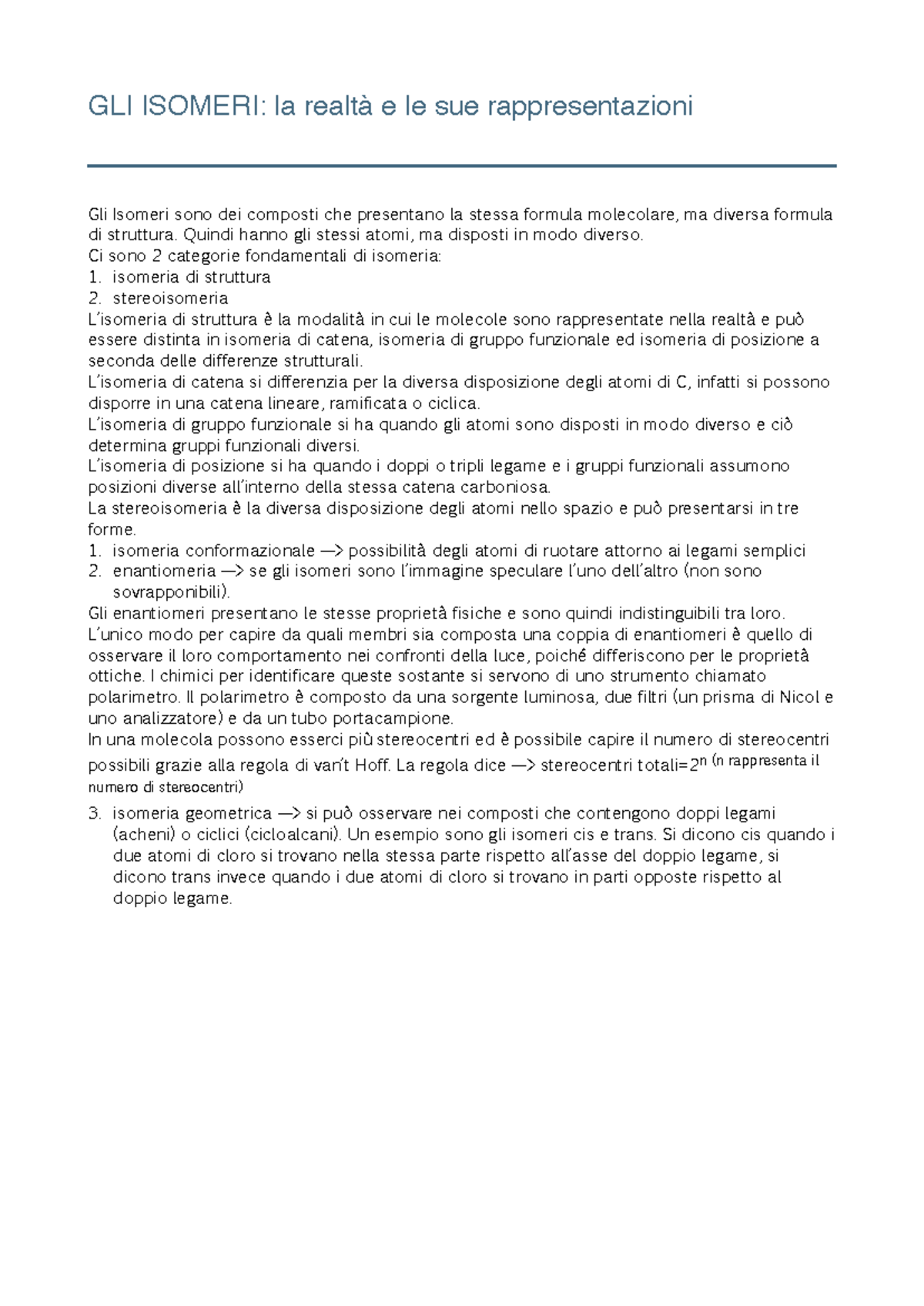 GLI ISOMERI IN CHIMICA: STRUTTURA E STEREOISOMERIA - Studocu
