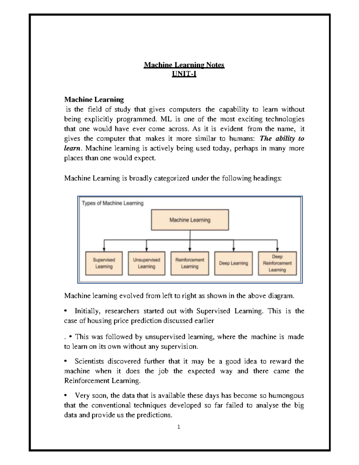Machine Learning (ML) Concepts and Techniques - Unit 1 Notes - Studocu