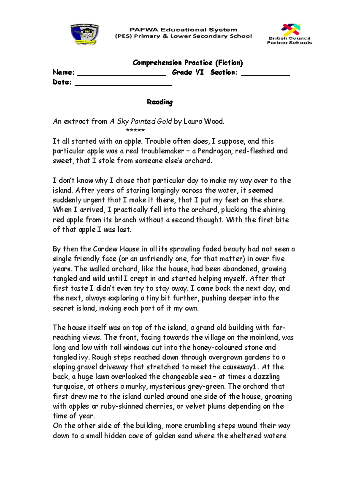 Grade 6 Comprehension (Fiction) Practice Worksheet 1 - Studocu