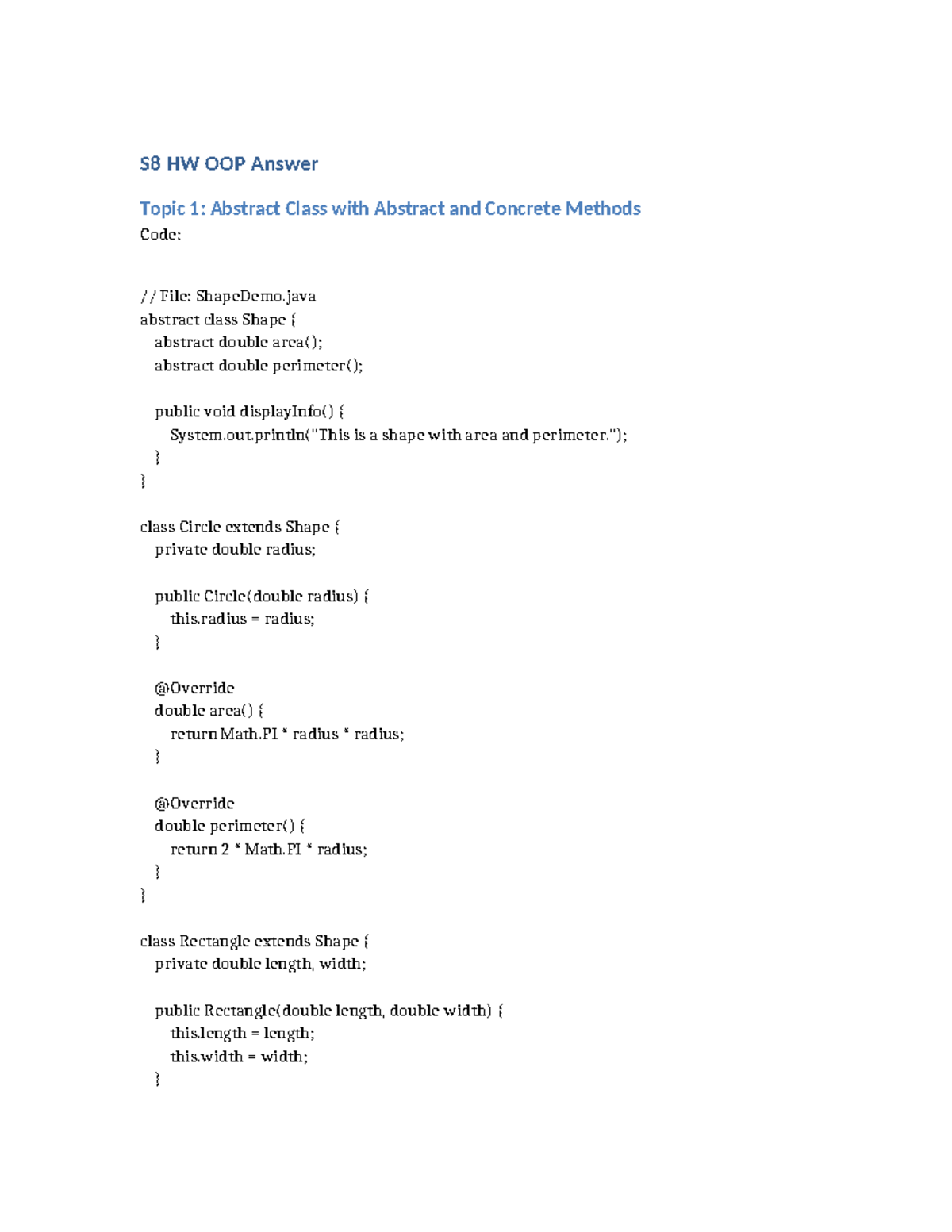 S8 HW OOP Answers: Abstract Classes & Interfaces Overview - Studocu