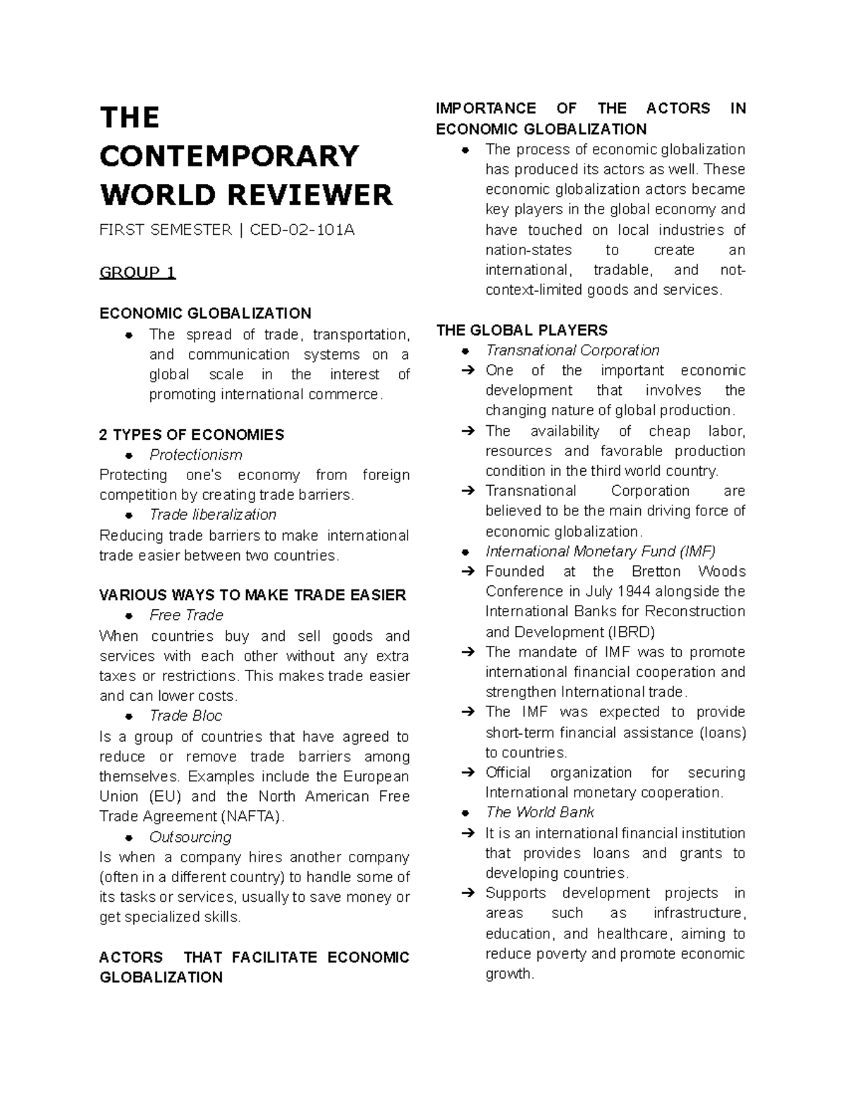 Contemporary World (GE03) First Semester Reviewer: Economic ...
