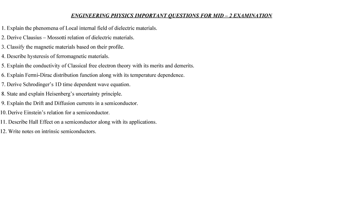 ENGINEERING PHYSICS IMPORTANT QUESTIONS FOR MID 2 EXAM - Studocu