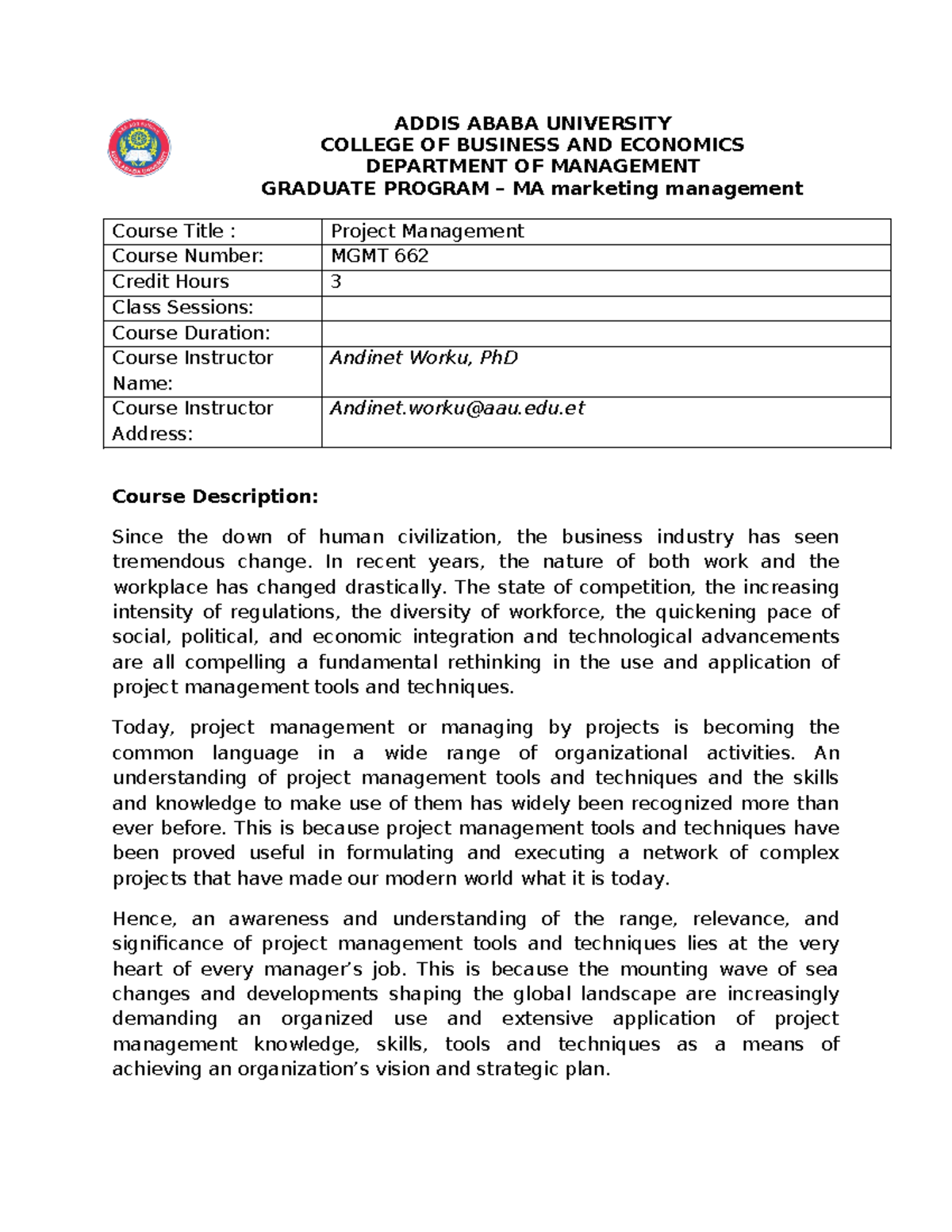 MGMT 662 Course Outline - Project Management Overview and Structure ...