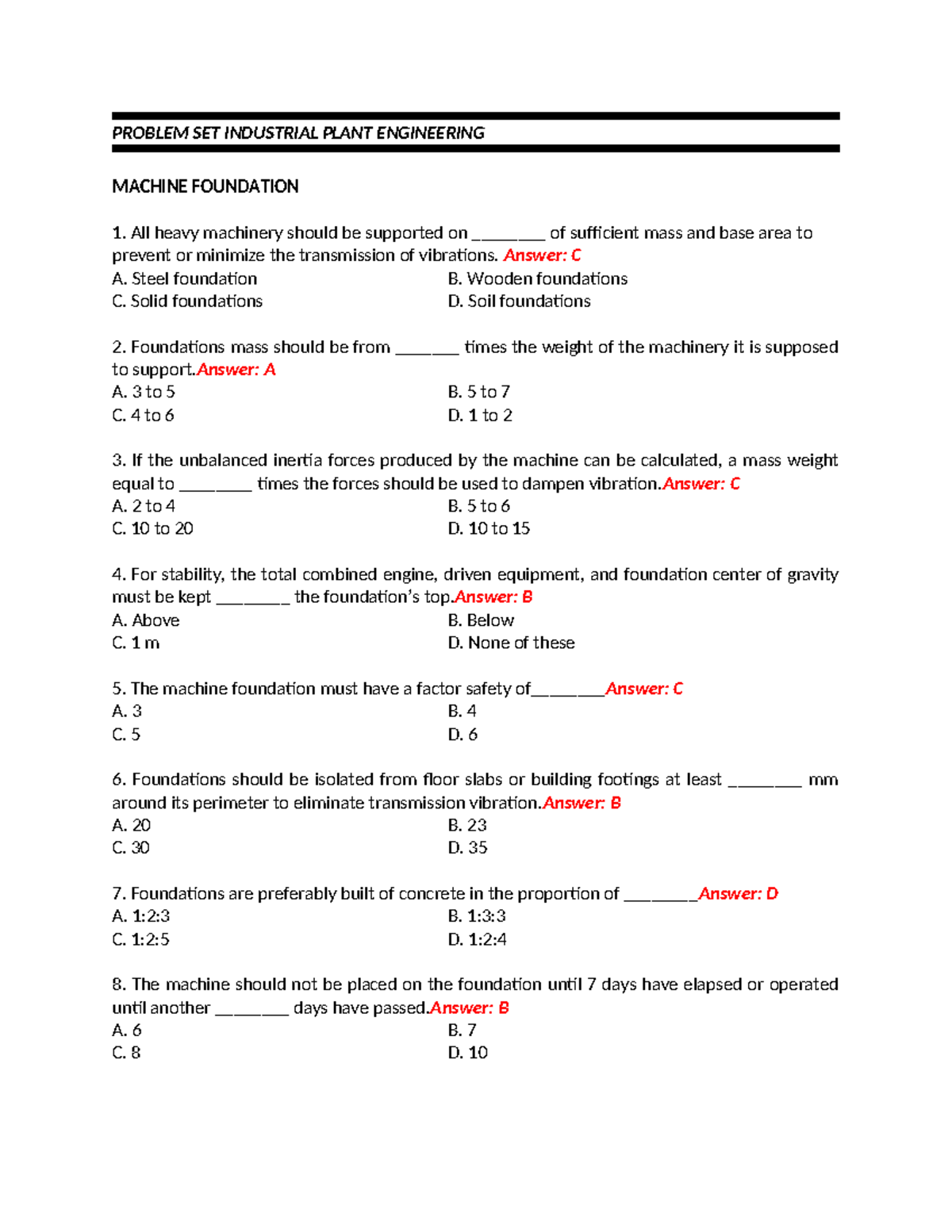 Industrial Plant Engineering Problem Set: Machine Foundations & Heat Transfer - Studocu