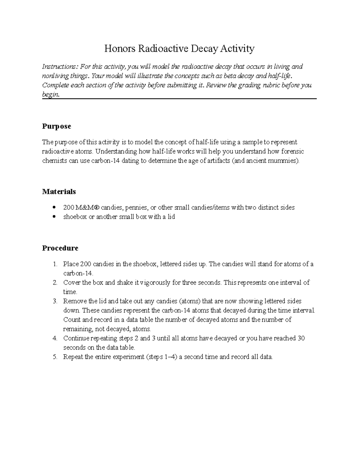 Honors Experiment: Radioactive Decay Activity Worksheet - Studocu