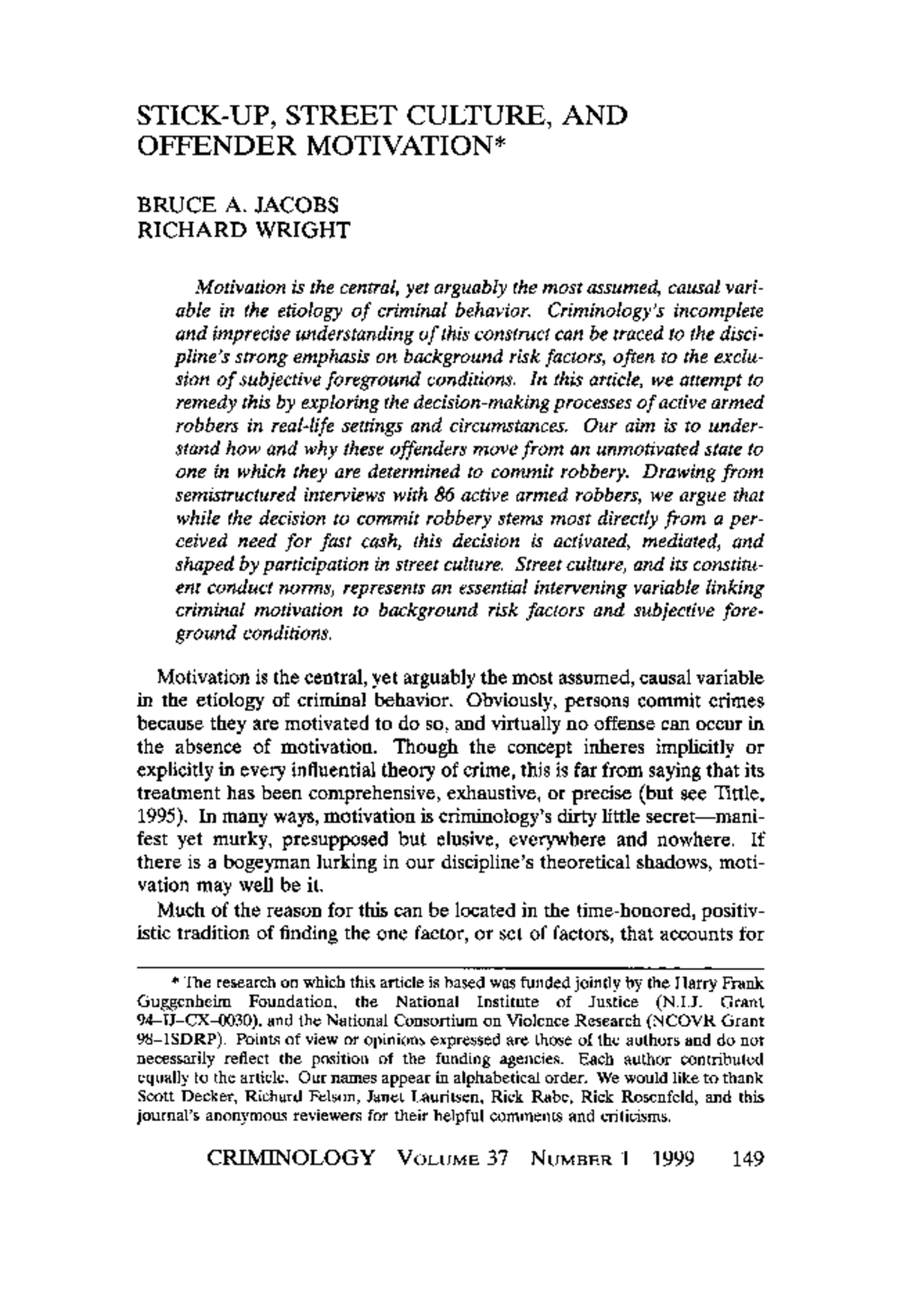 Exploring Stick-Up: Street Culture & Criminal Motivation in Robbery ...