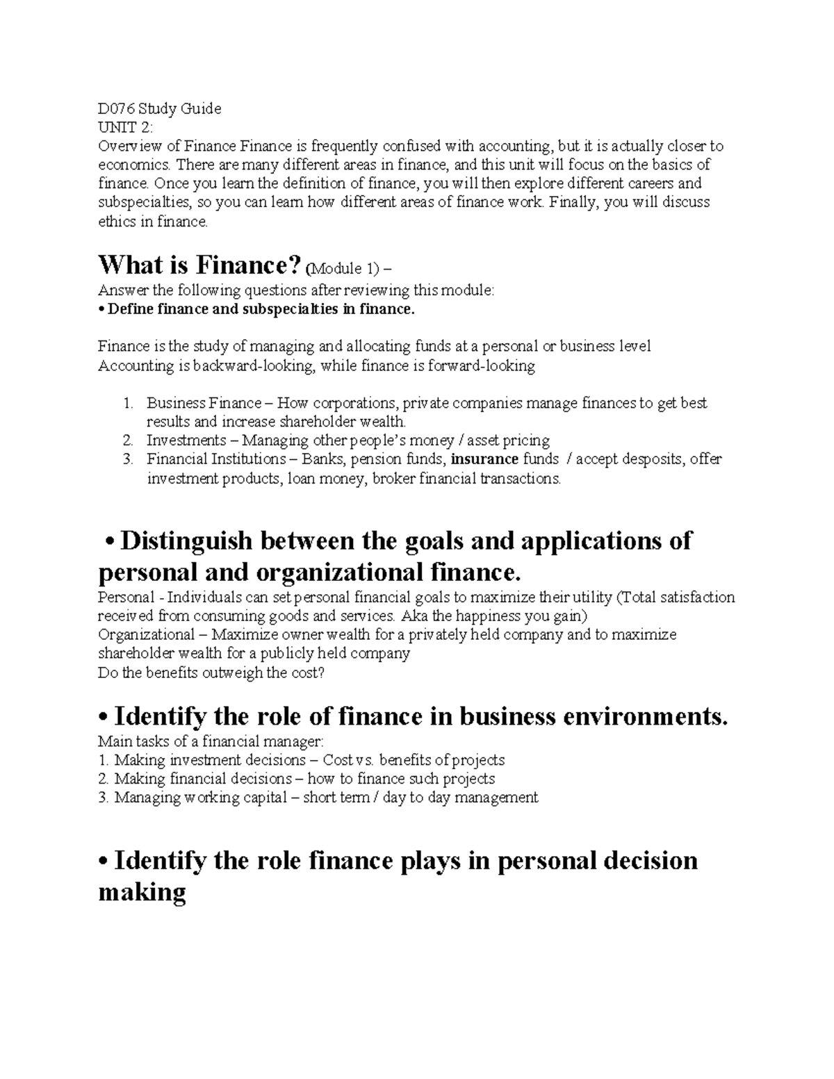 D076 Study Guide: Overview of Finance and Key Concepts - Studocu