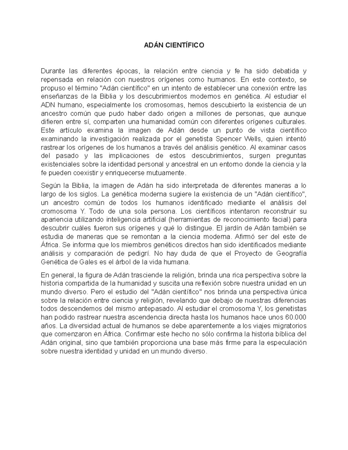 ADÁN CIENTÍFICO: Ensayo sobre Ciencia y Fe en Nuestros Orígenes - Studocu