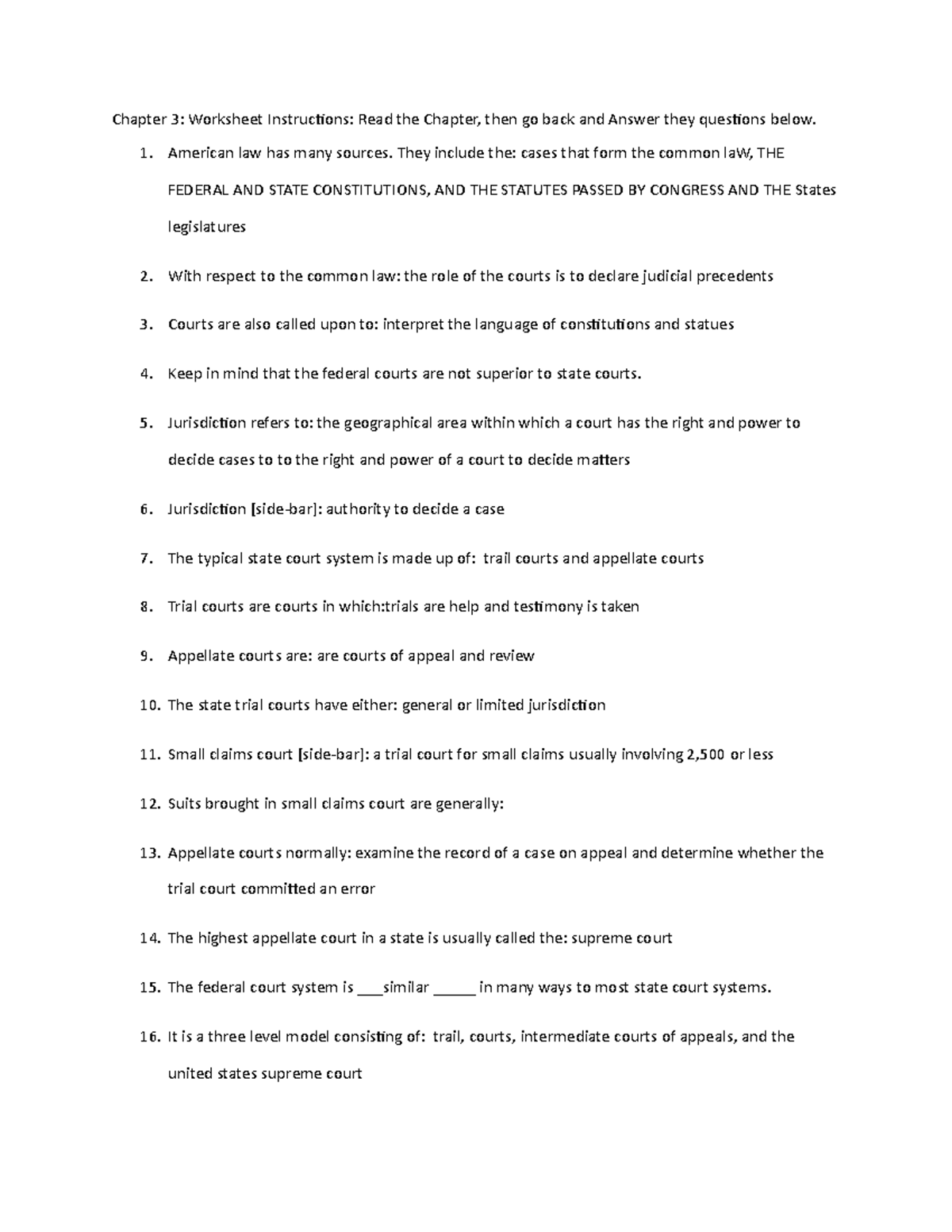 Chapter 3: Worksheet on American Law Sources and Court Systems - Studocu