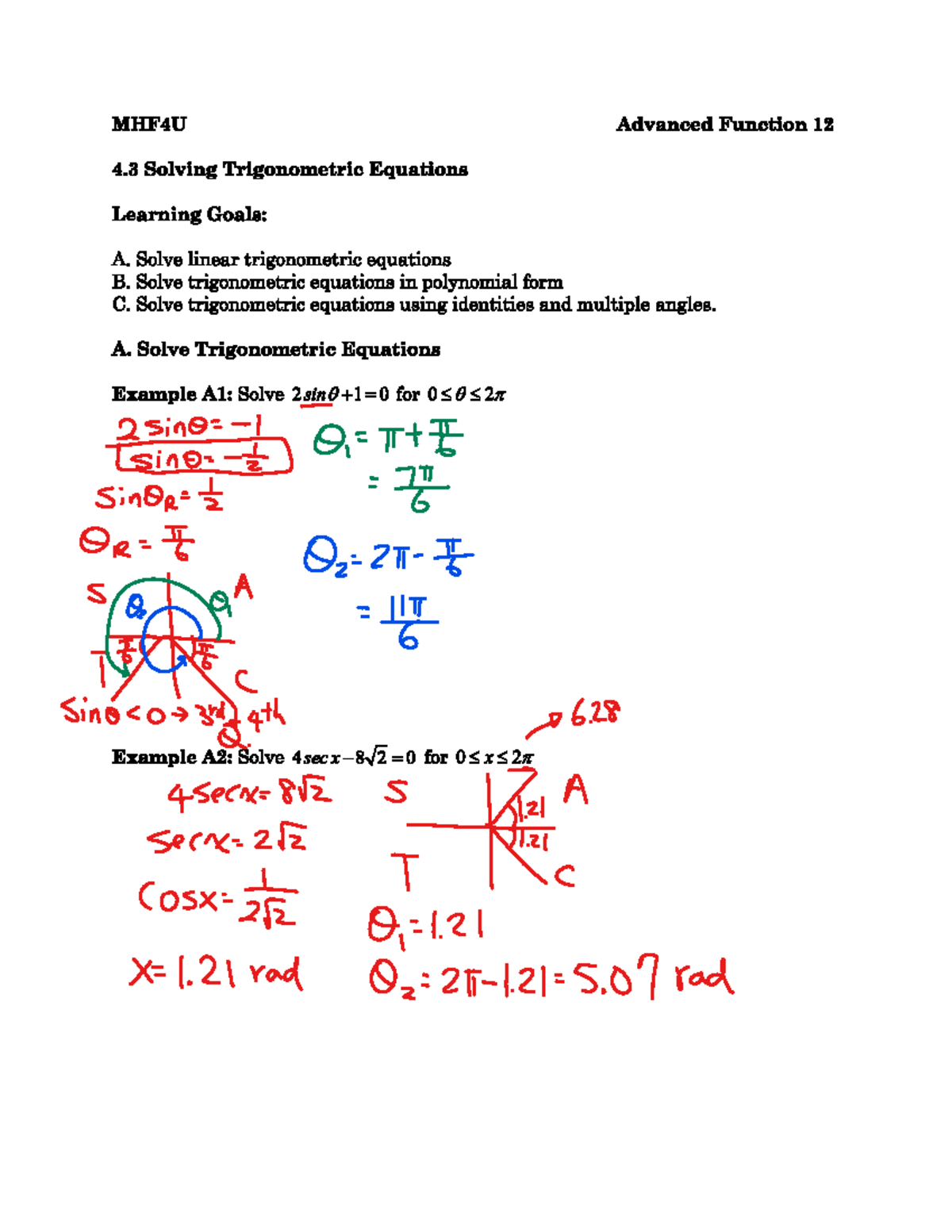 Solving Trigonometric Equations - Course Code: 2024 - MHF4U Advanced ...