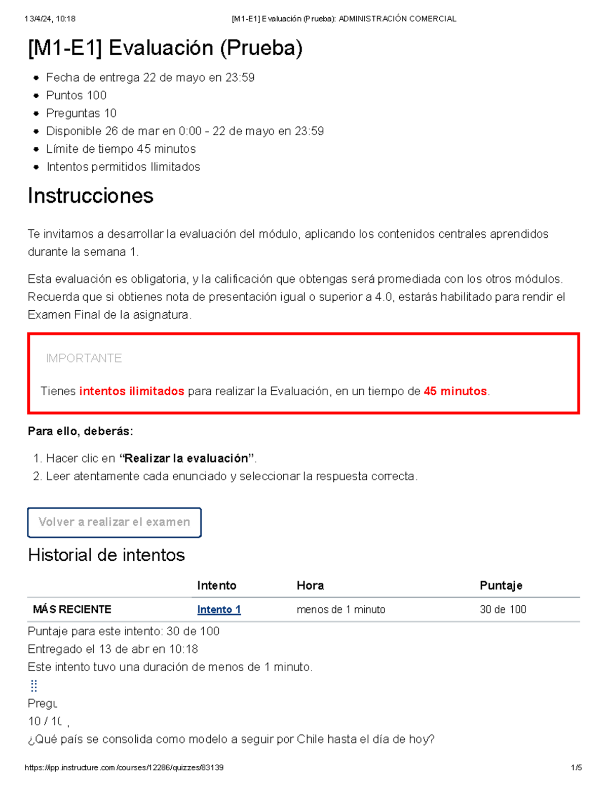 [M1-E1] Evaluación (Prueba) Administración Comercial - [M1-E1] Evaluación (Prueba) Fecha de ...