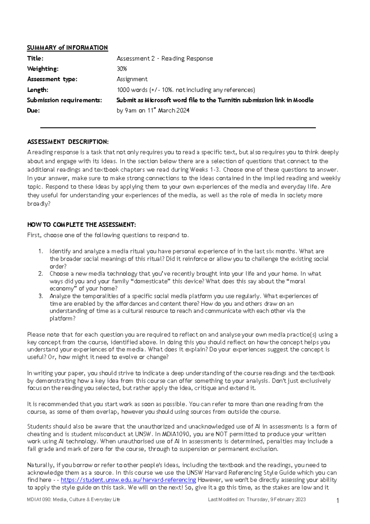 MDIA1090: Assessment 2 - Engaging Reading Response Assignment - Studocu