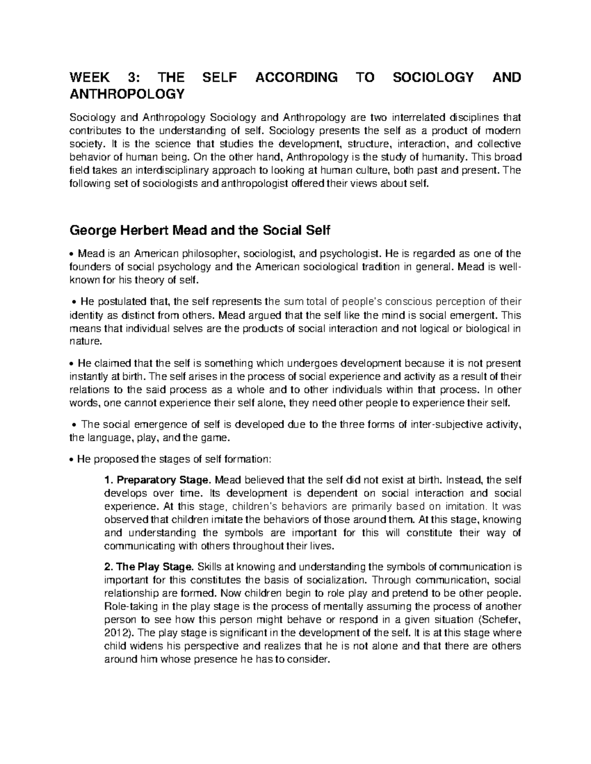WEEK 3 - The Self in Sociology & Anthropology: Key Perspectives - Studocu